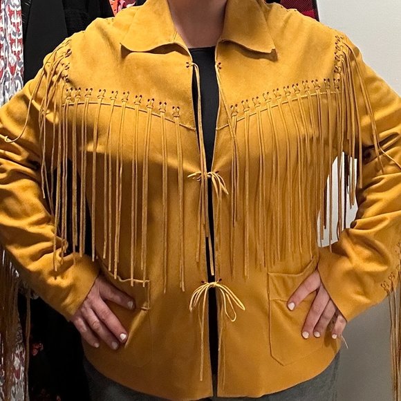 corina | Jackets & Coats | Vintage Mustard Yellow Suede Fringe Jacket ...